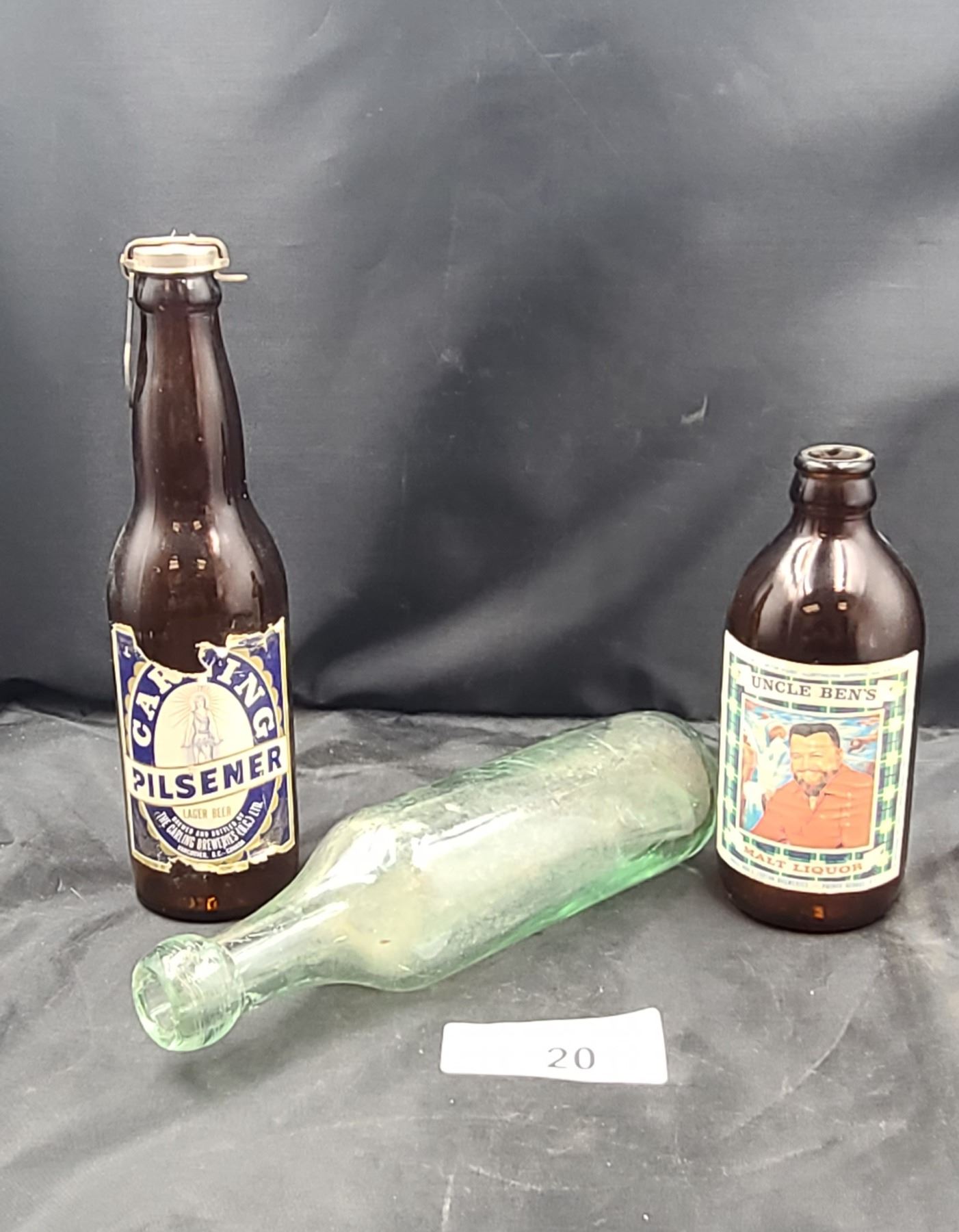 THREE VINTAGE CARLING PILSNER, UNCLE BEN'S BEER BOTTLES & ANTIQUE ...