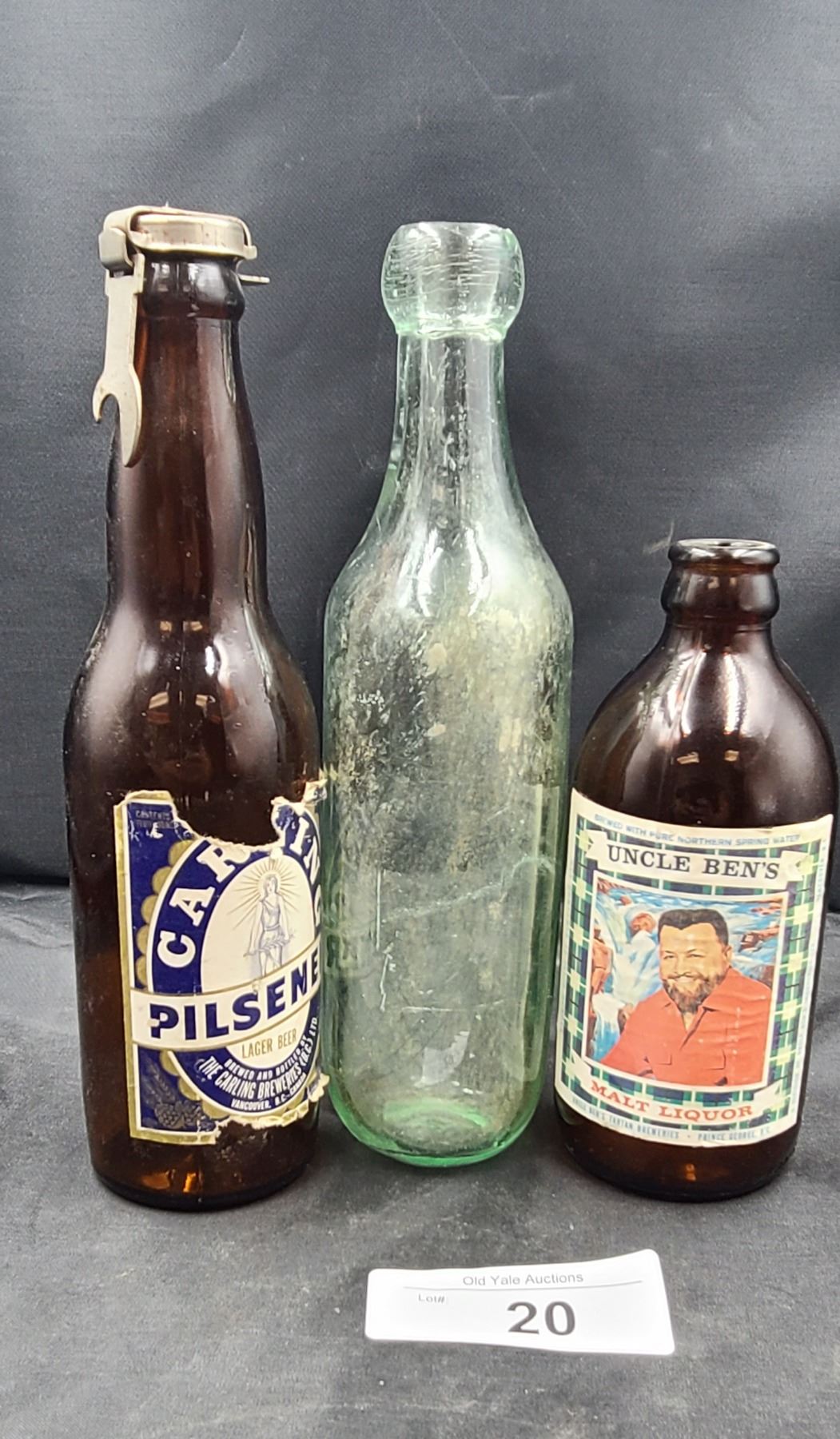 THREE VINTAGE CARLING PILSNER, UNCLE BEN'S BEER BOTTLES & ANTIQUE ...