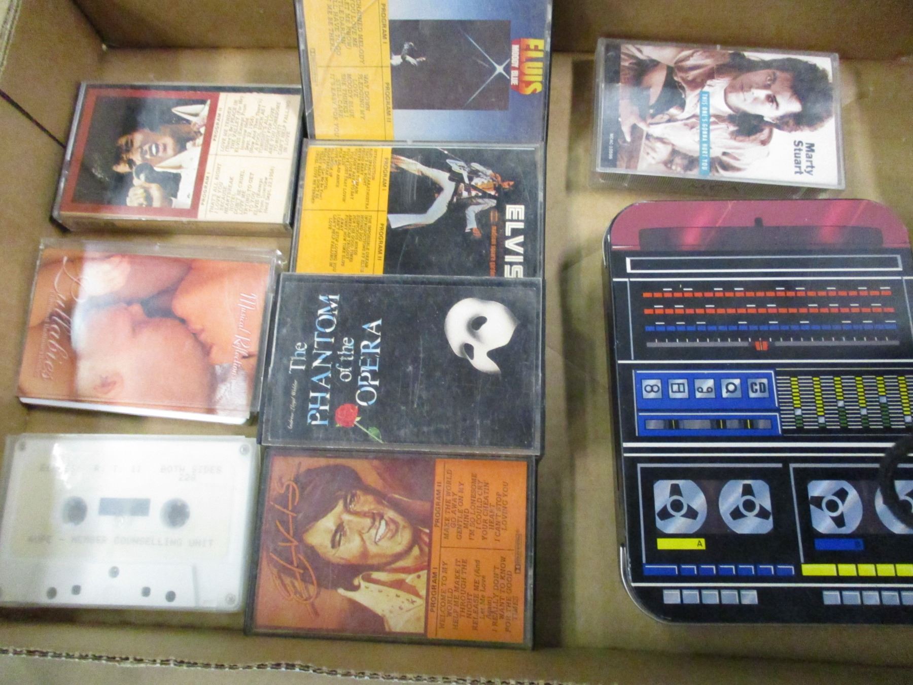 BOX C/W CASSETTES, CASSETTE CLEANING KIT, ETC