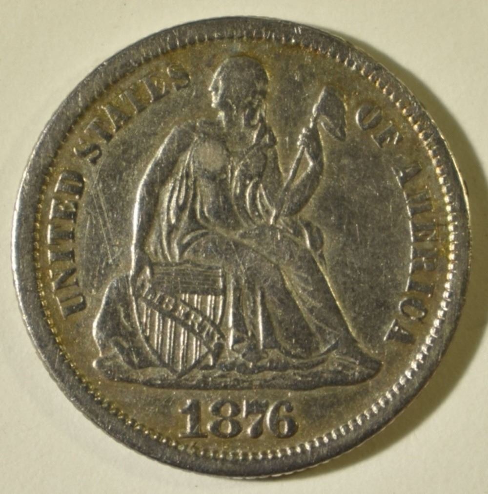 1876 CC SEATED LIBERTY DIME VF