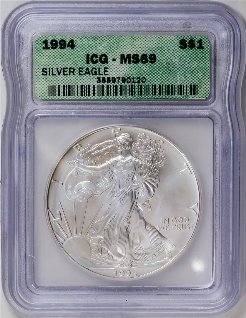 1994 American Silver Eagle .999 Fine Silver Dollar Coin ICG MS69