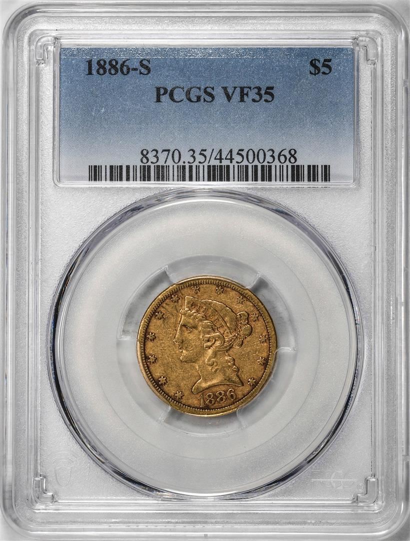 1886-S $5 Liberty Head Half Eagle Gold Coin PCGS VF35