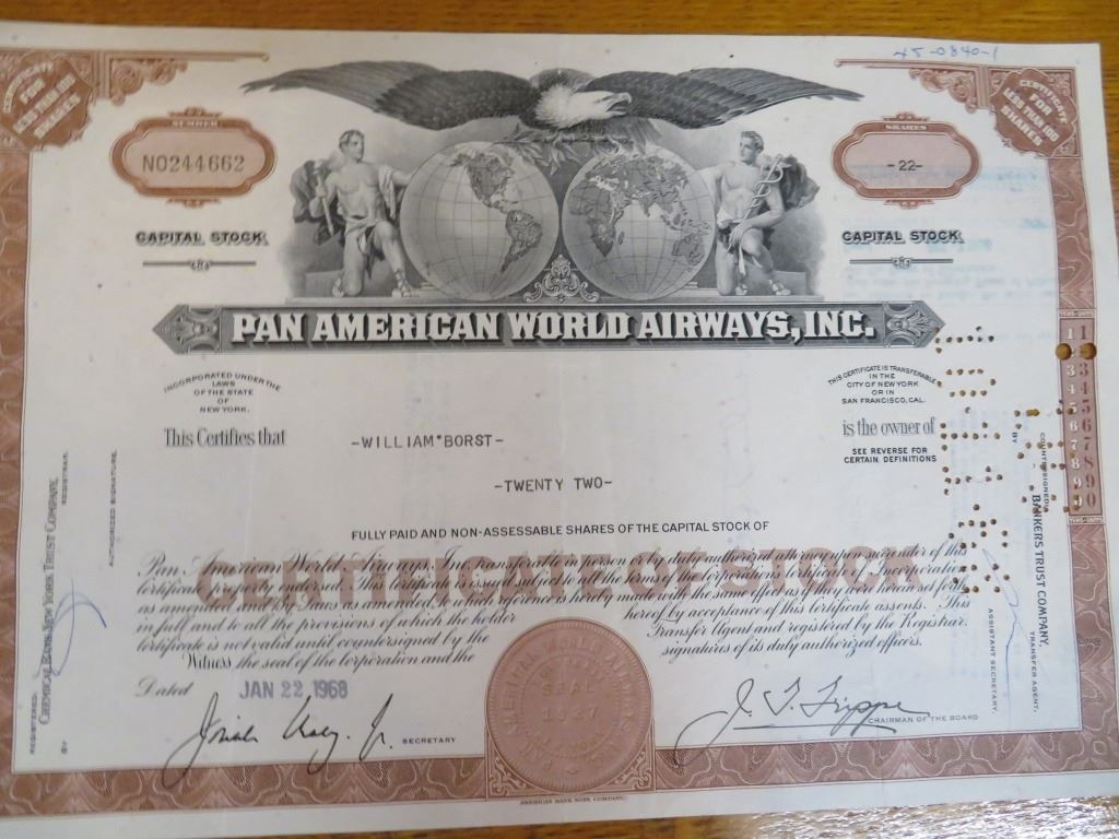 Pan Am Airways Stock Certificate