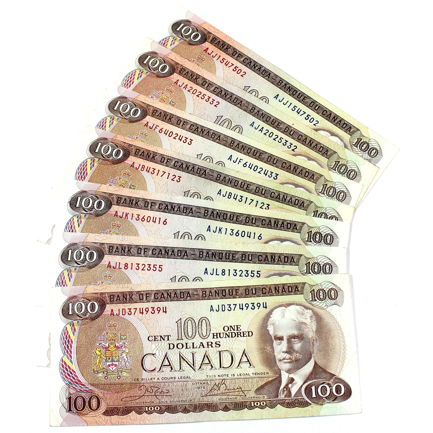 7x 1975 Canada $100 Banknotes, All different Prefixes - 2x Lawson-Bouey ...