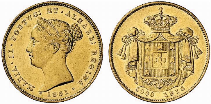 WORLD COINS. PORTUGAL. Maria II, 1834-1853. Decimal coinage, 5000 Reis ...