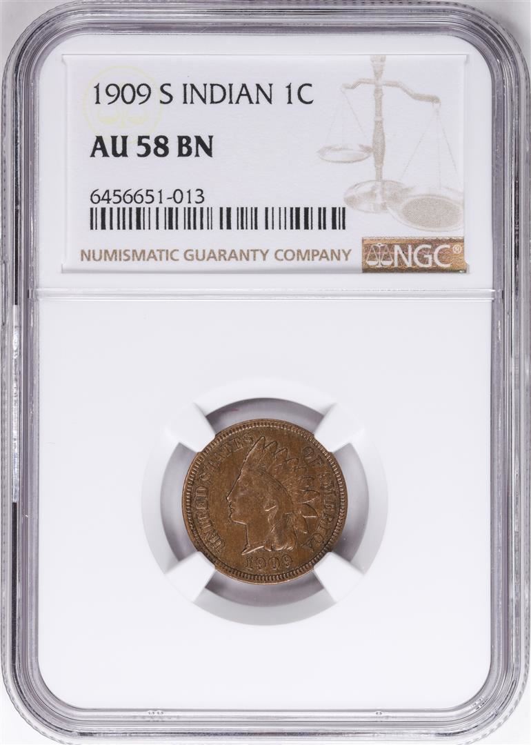 1909-S Indian Head Cent Coin NGC AU58 BN