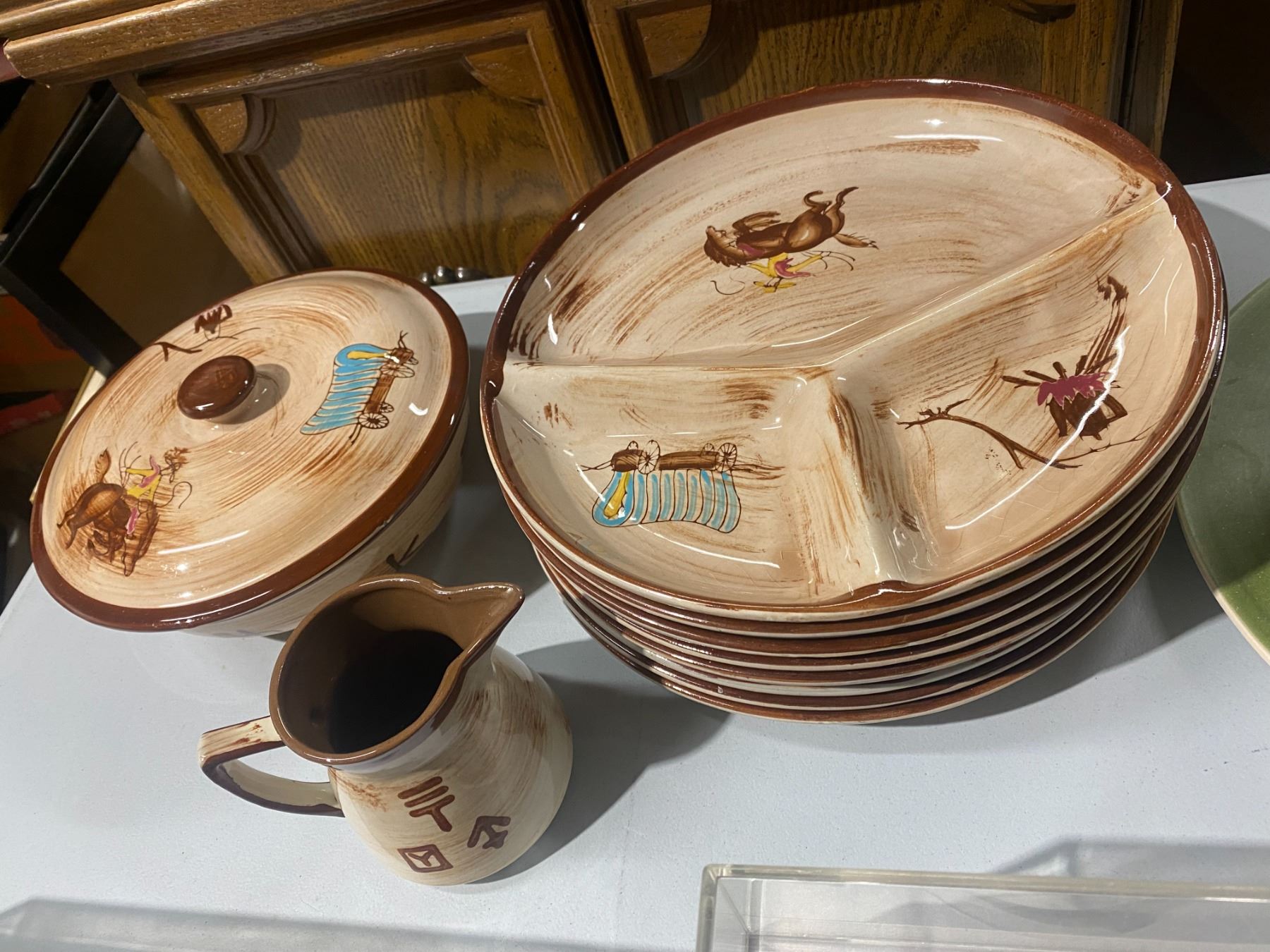 Nasco Del Coronado 1950's "Buckaroo" hand painted pottery dinnerware