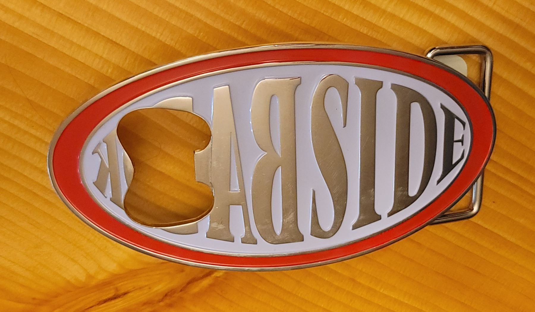 Vintage Red and White “BACKSIDE” Enamel Belt Buckle with Bottle Opener