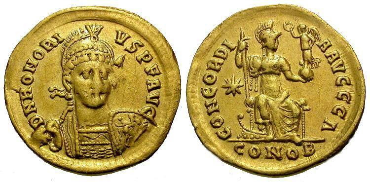 Honorius, AV Solidus, 397-402, Constantinople, Officina 1 - RIC X, 30 ...