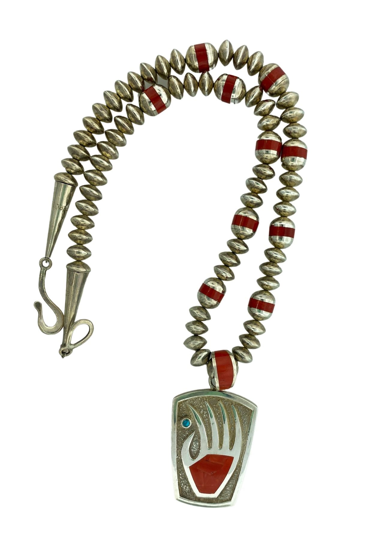 Michael Perry (Navajo), Coral and Silver Bead Necklace, Badger Hand ...
