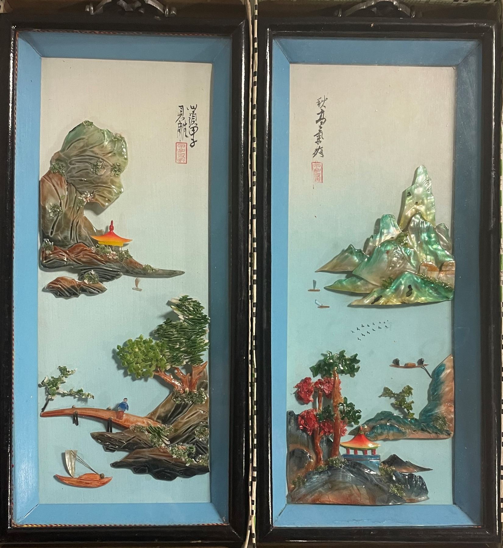 Vintage 1960s Pair of Asian Hand Carved Real Shell Art Shadow Box