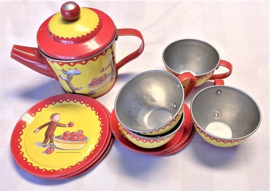 Schylling Curious George Tin Tea Set 14 Pieces Teapot, Tea Cups, Plates ...