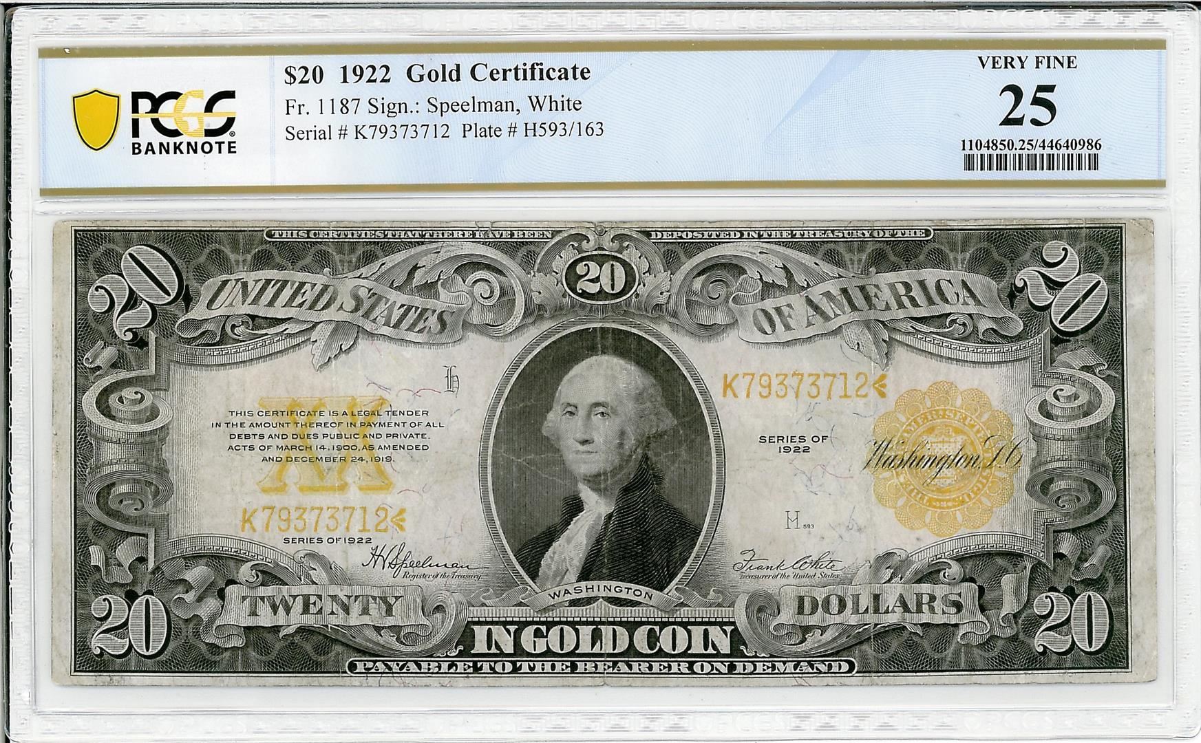 1922 $20 Gold Certificate Bank Note PCGS 25 Very Fine