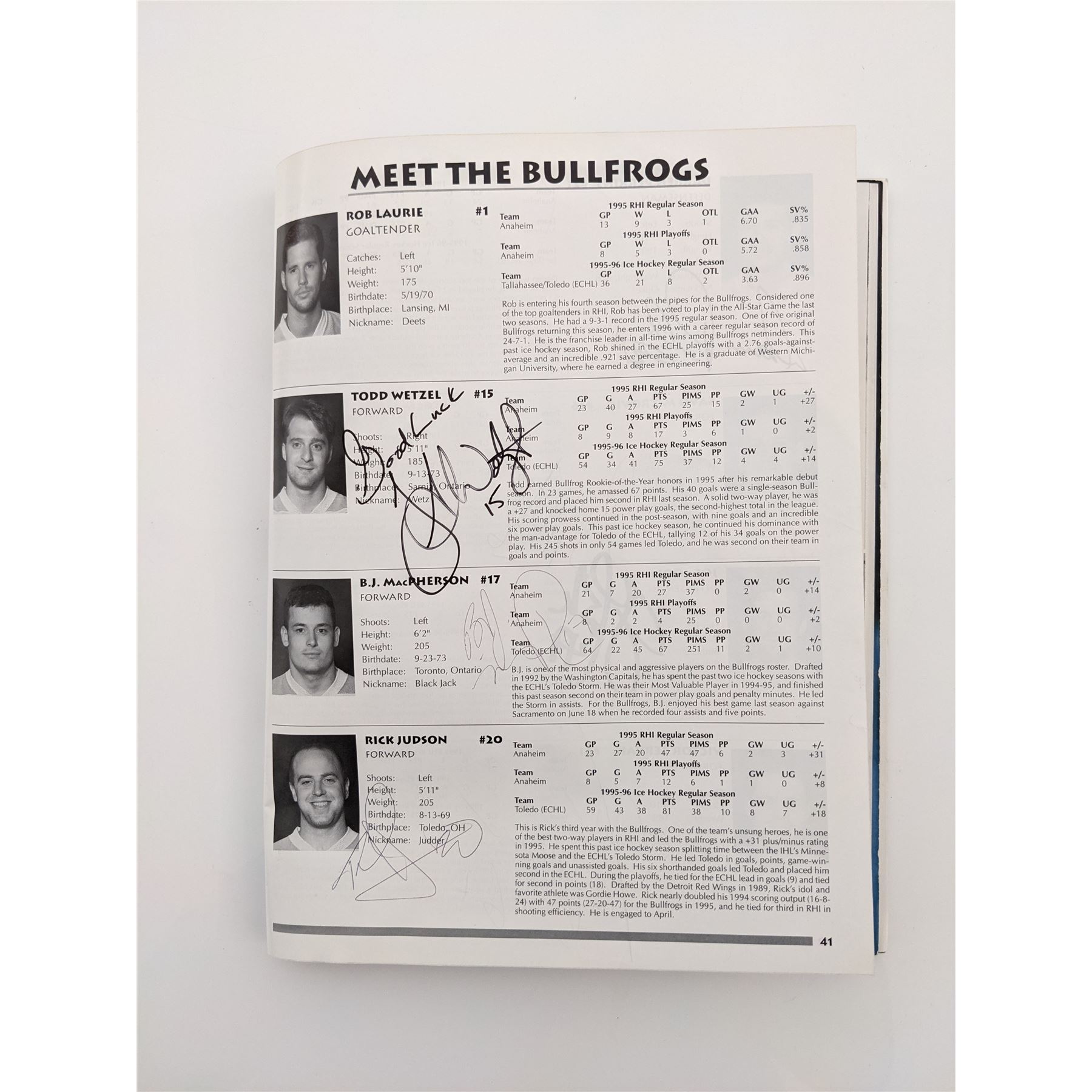 Anaheim Bullfrogs Roller Hockey Program - 15 Autographs