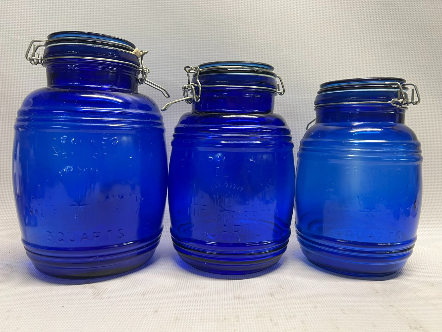 3 Cobalt Blue Glass Storage Canisters / Sealers 1.5, 2 & 3 QT