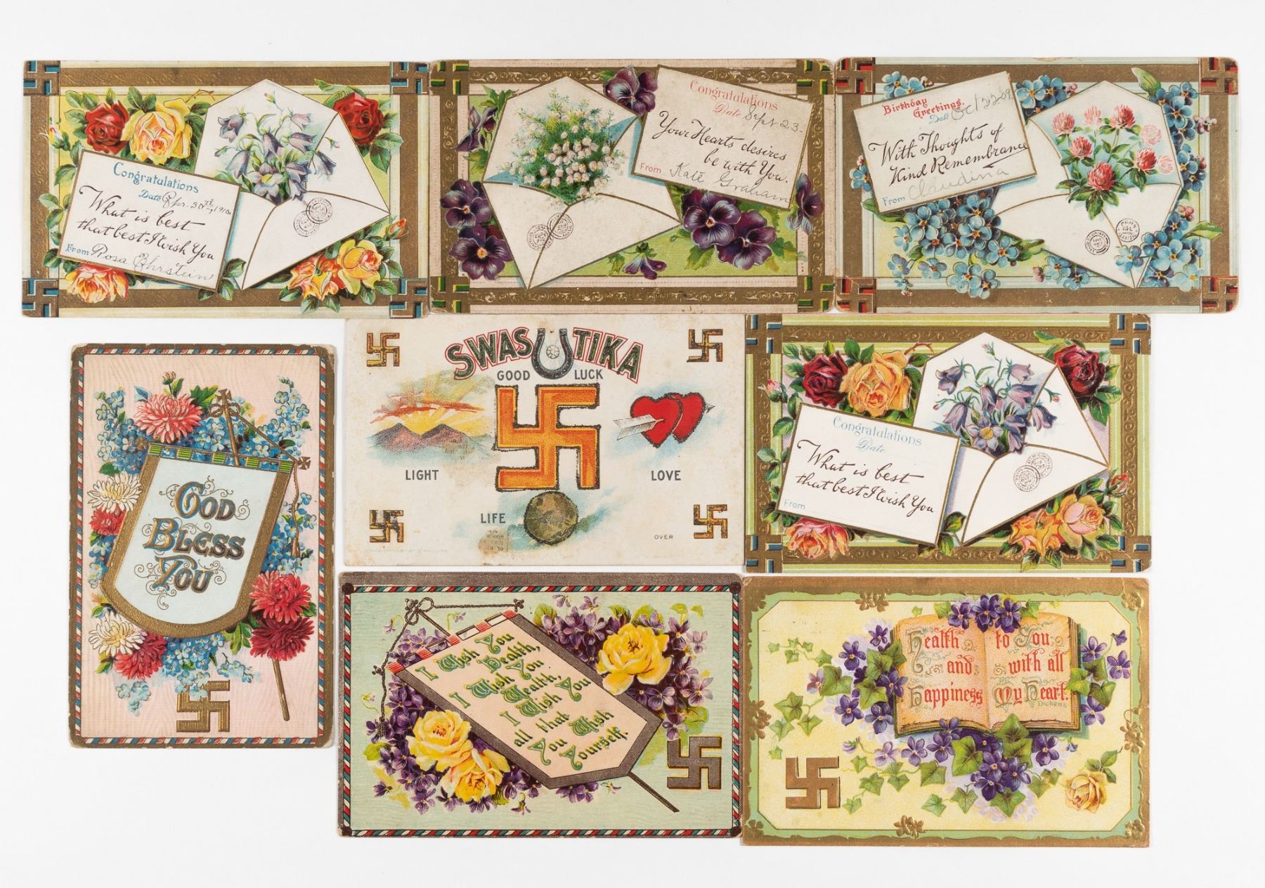 8 AMERICAN SWASTIKA POSTCARDS