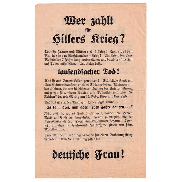 WWII ALLIED PROPAGANDA FLYER WHO'S PAYING FOR HITLER'S WAR?
