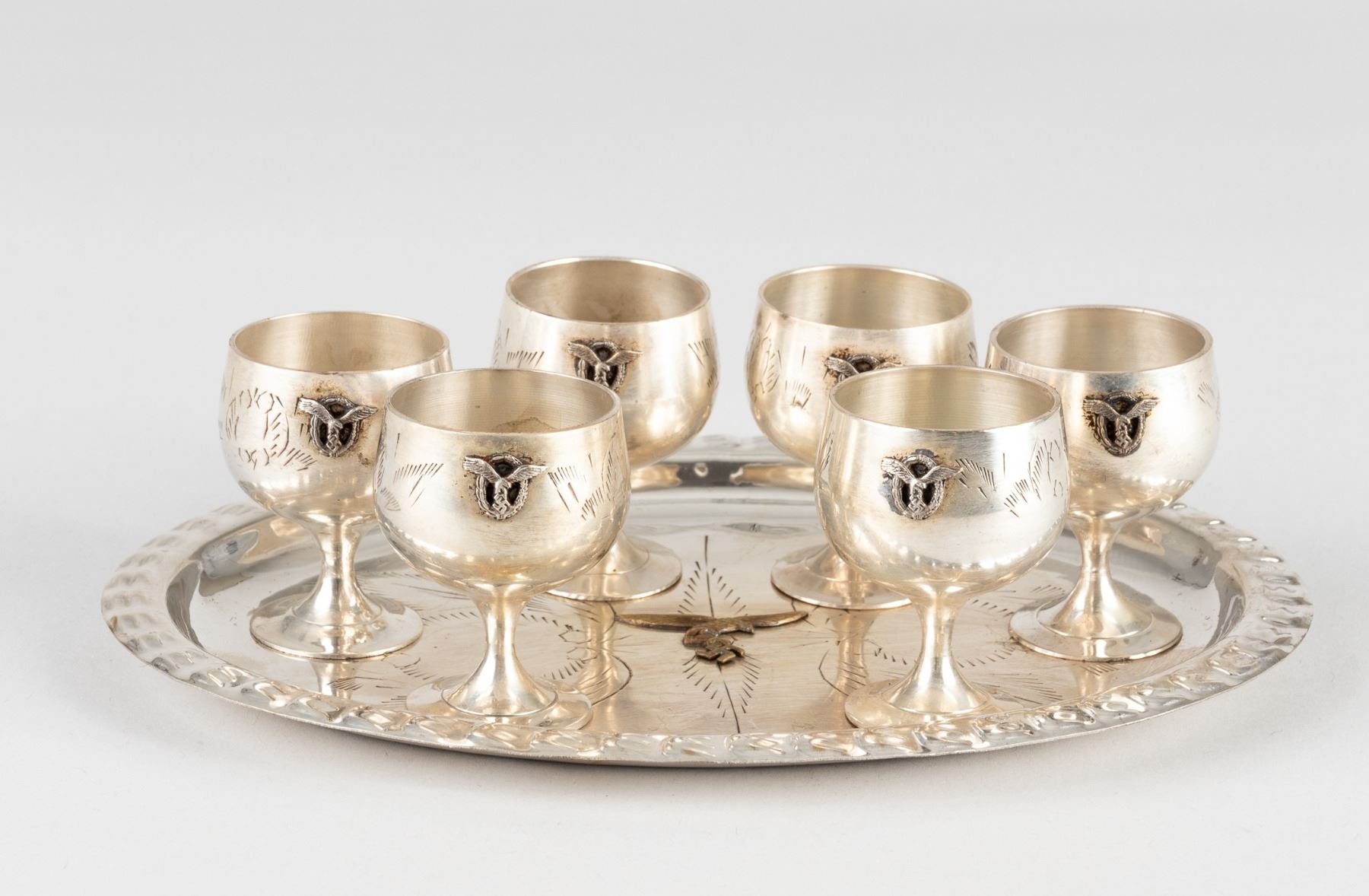 SIX GERMAN LUFTWAFFE SCHNAPPS CUPS W/ TRAY