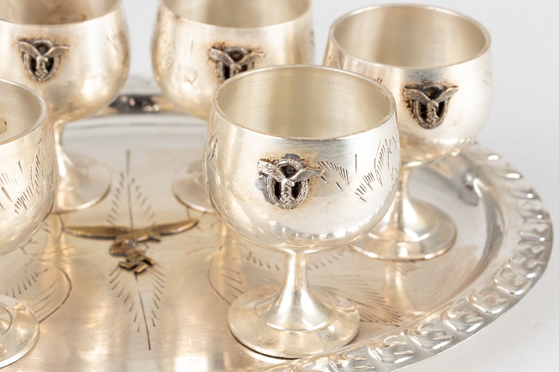 SIX GERMAN LUFTWAFFE SCHNAPPS CUPS W/ TRAY