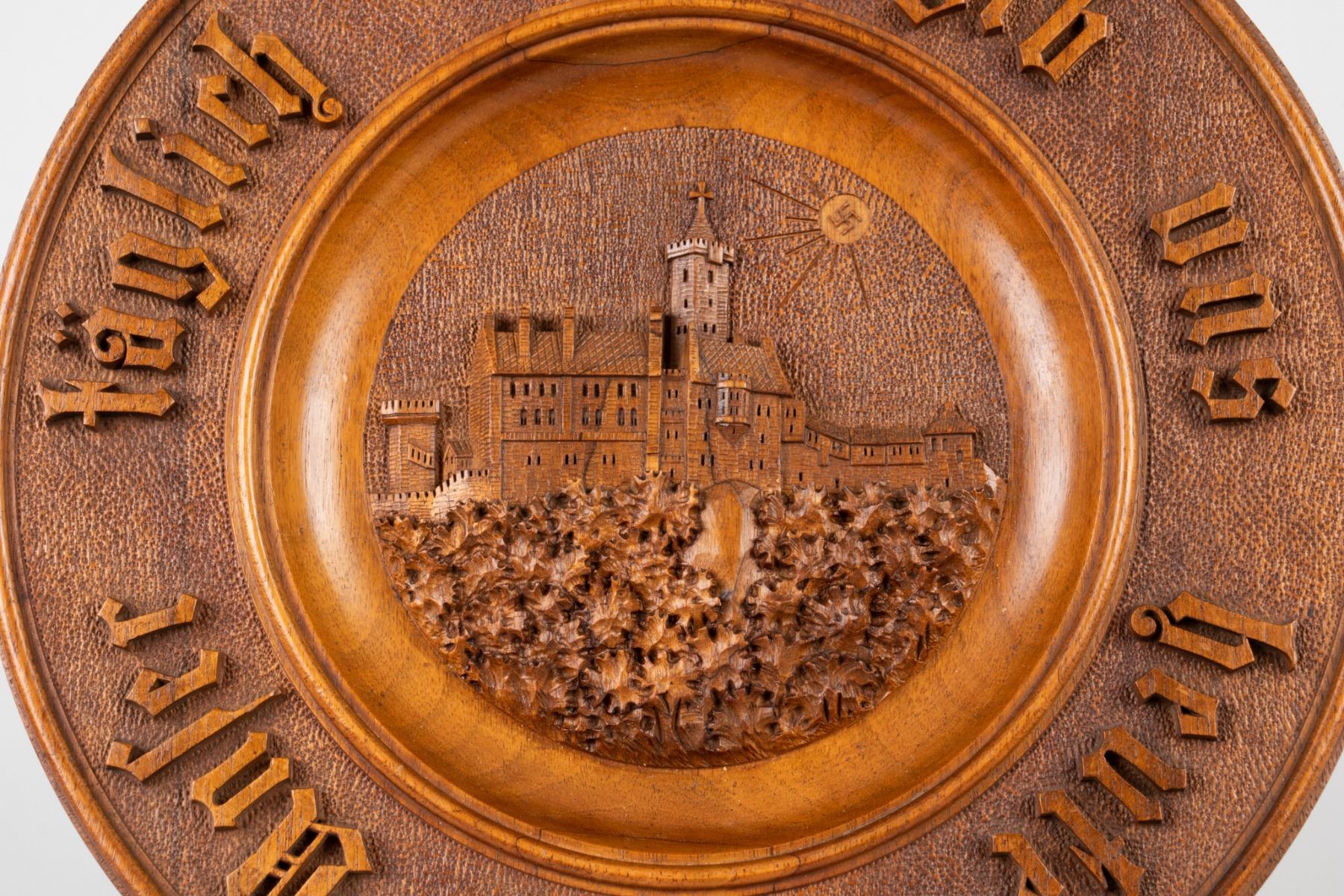 WOODEN CARVED SWASTIKA BREAD PLATE