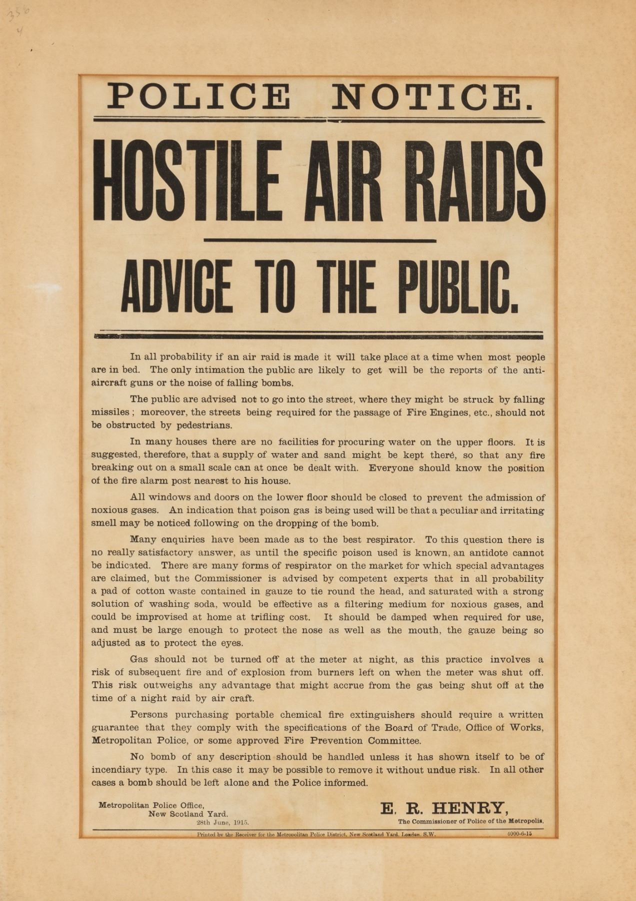 WWI HOSTILE AIR RAID POLICE NOTICE