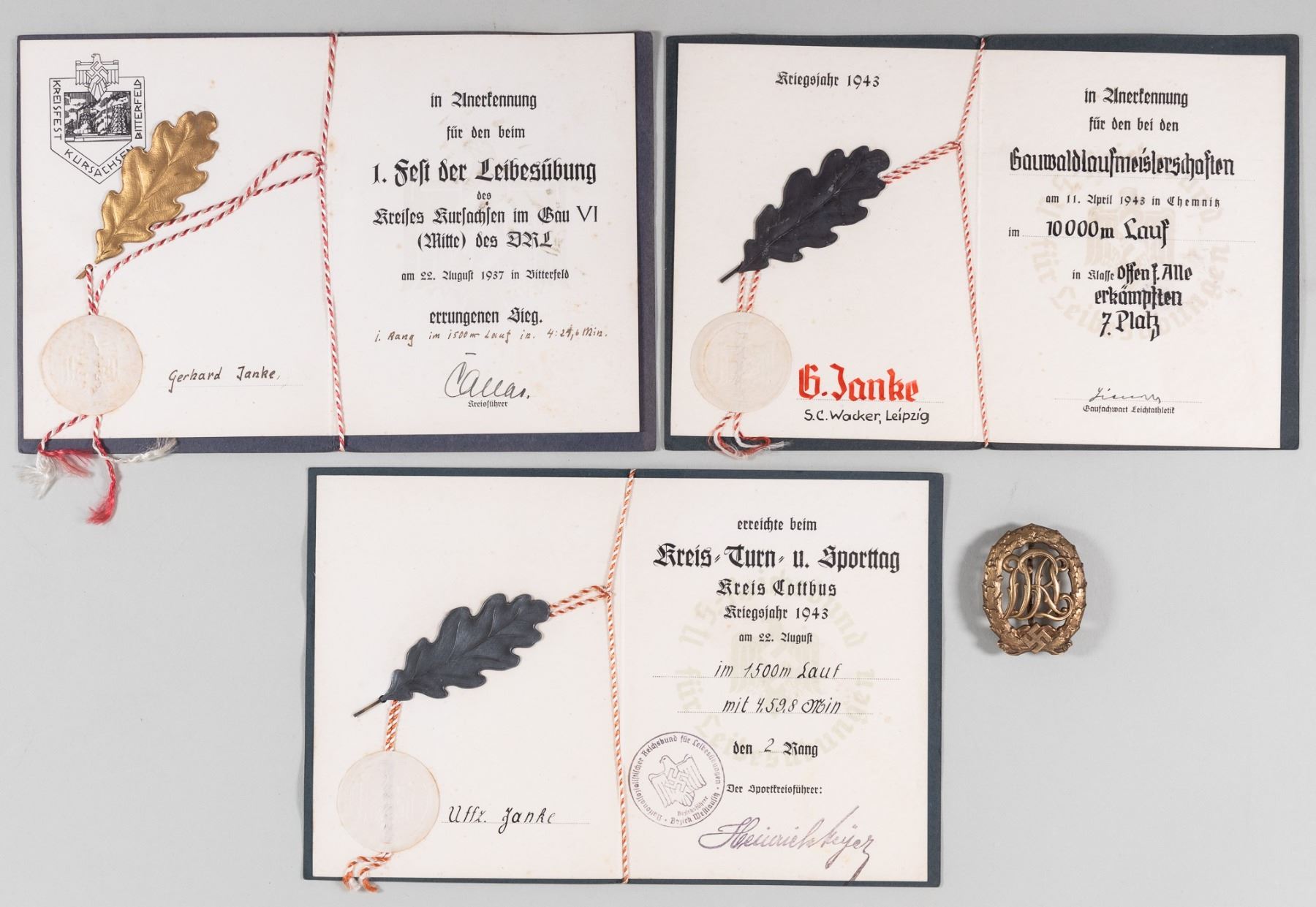 WWII GERMAN DRL GOLD SPORTS BADGE & 3 AWARD CERTIFICATES