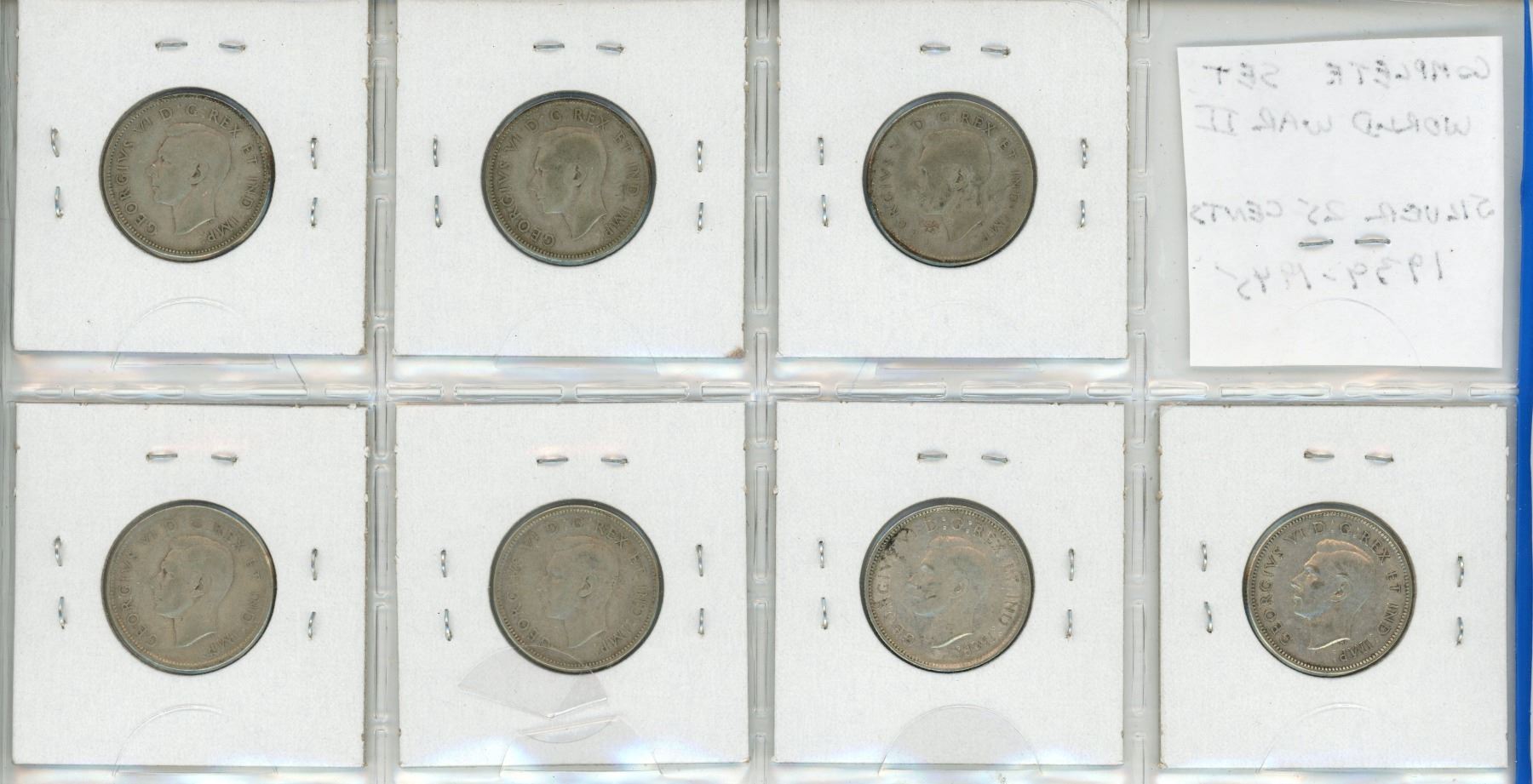 Complete Set of 7 Canadian World War II Silver 25 Cents 1939 – 1945 ...