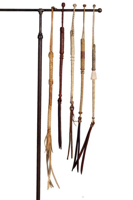3 rawhide and 2 leather braided quirts