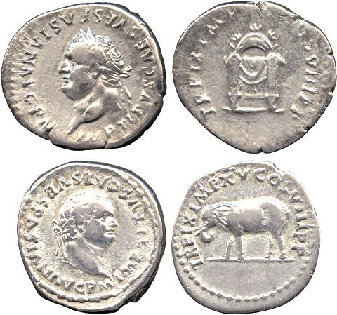 ANCIENT COINS. Roman. Titus (AD 79-81), Silver Denarii (2), laureate ...