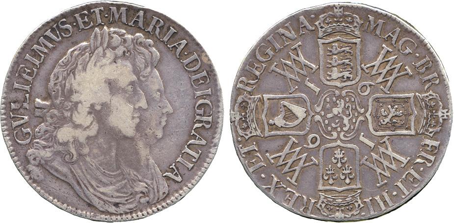 BRITISH COINS. William and Mary (1689-1694), Crown, 1691, conjoined ...