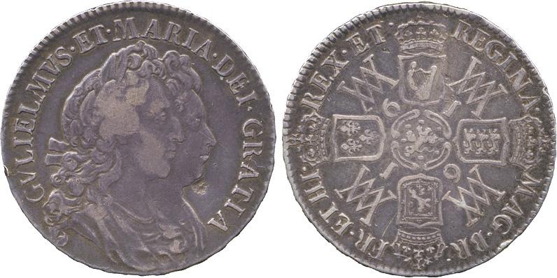 BRITISH COINS. William and Mary, Halfcrown, 1691 TERTIO, second ...