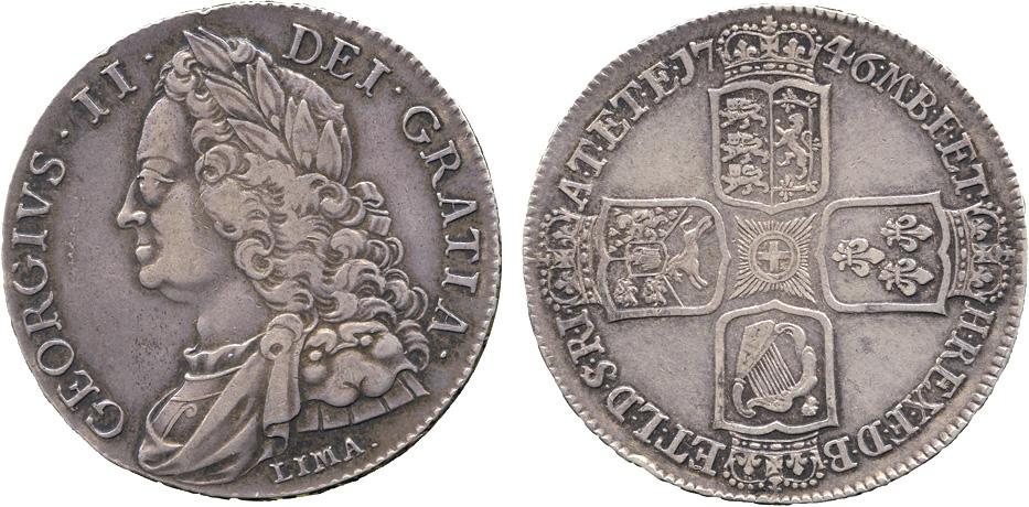 BRITISH COINS. George II (1727-1760), ‘LIMA’ Crown, 1746, old laureate ...