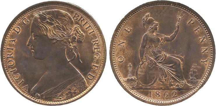 BRITISH COINS. Victoria, Penny, 1862, 6+G, laureate bust left, rev ...