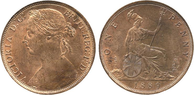 BRITISH COINS. Victoria, Penny, 1889, 13+N, laureate bust left, 14 ...