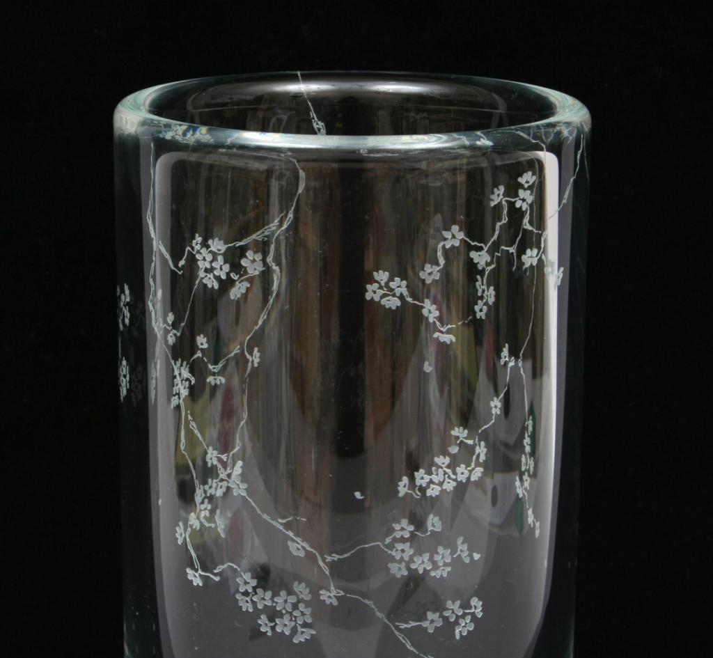 Steuben Etched Glass Vase W Cherry Blossoms
