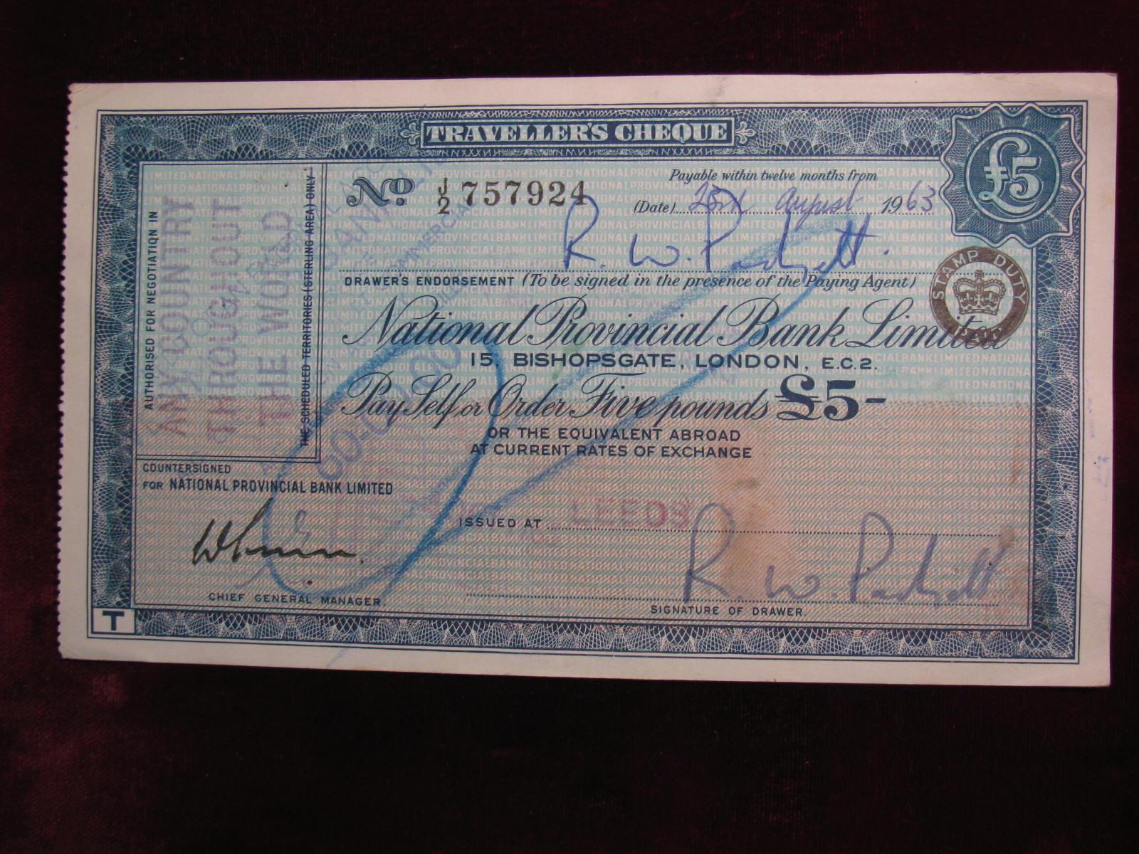 1436. 1963 5-Pound British Travelers Check.