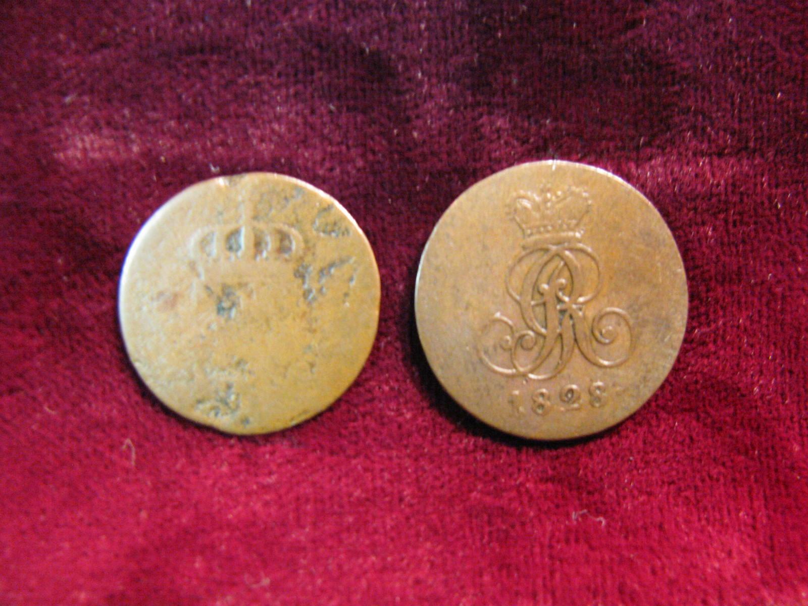 3971. 1810 & 1828 One Pfennig Copper Coins.
