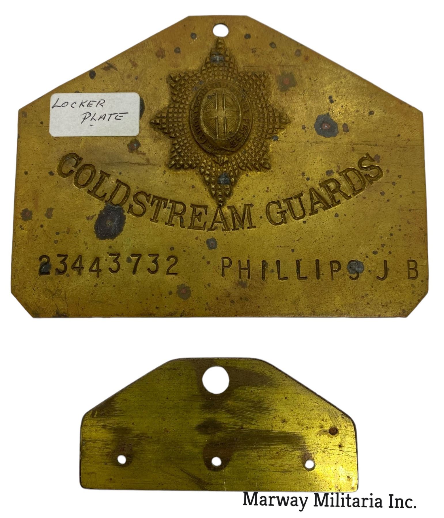 WW2-British-Army-Coldstream-Guards-Brass-Bed-Duty-Plate-Phillips J B / 23443732