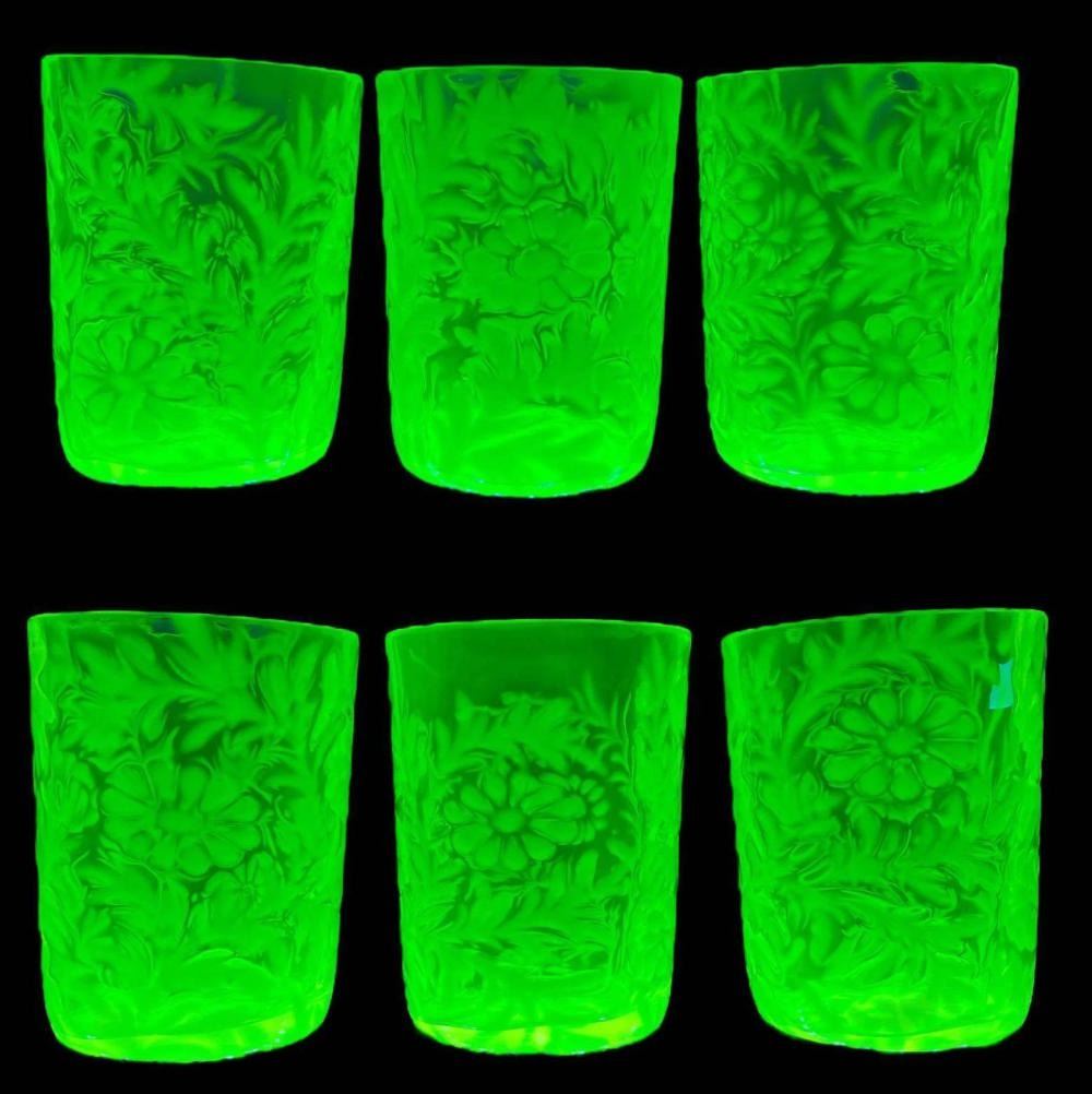 6 Fenton Uranium Glass Daisy And Fern Art Glass Tumblers