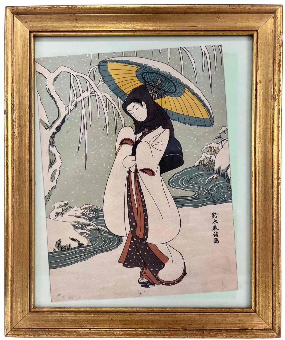 Suzuki Harunobo, Maiden in Snow, Japanese Ukiyo-e Woodblock Print
