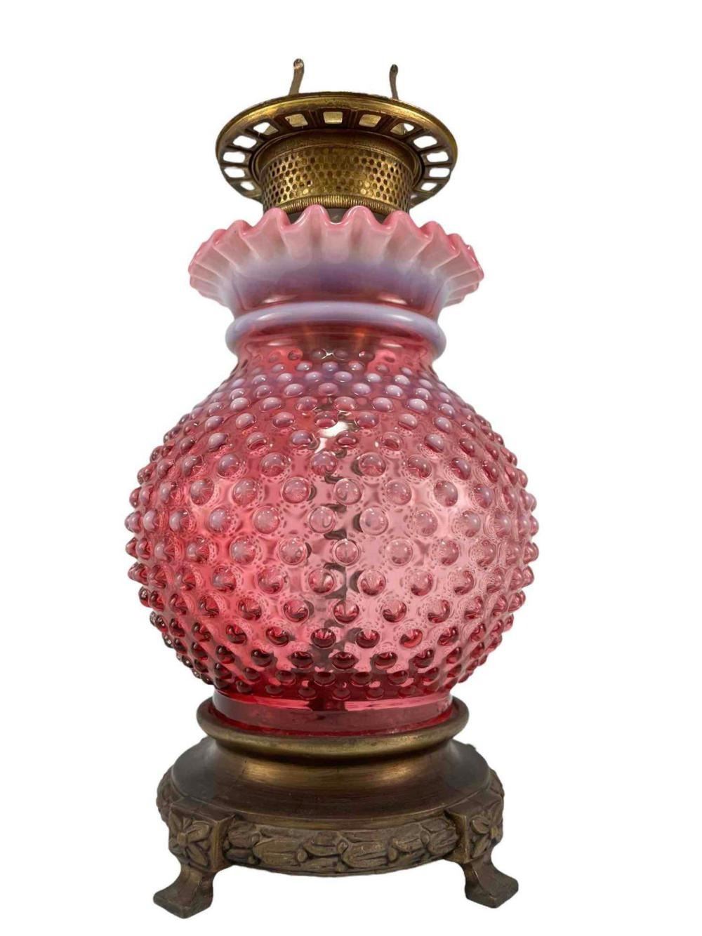 Antique Cranberry Glass Hurricane Hobnail Lamp