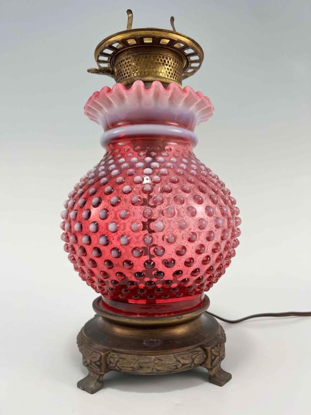 Antique Cranberry Glass Hurricane Hobnail Lamp