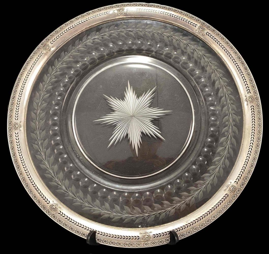 Large Antique Sterling Silver Cut Crystal Charger