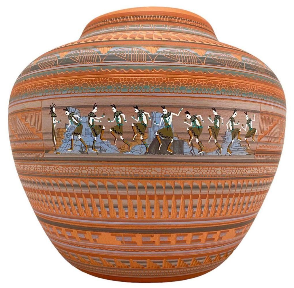 Large Navajo Etched And Hand Painted Pottery Vase With Kachina Dancers ...