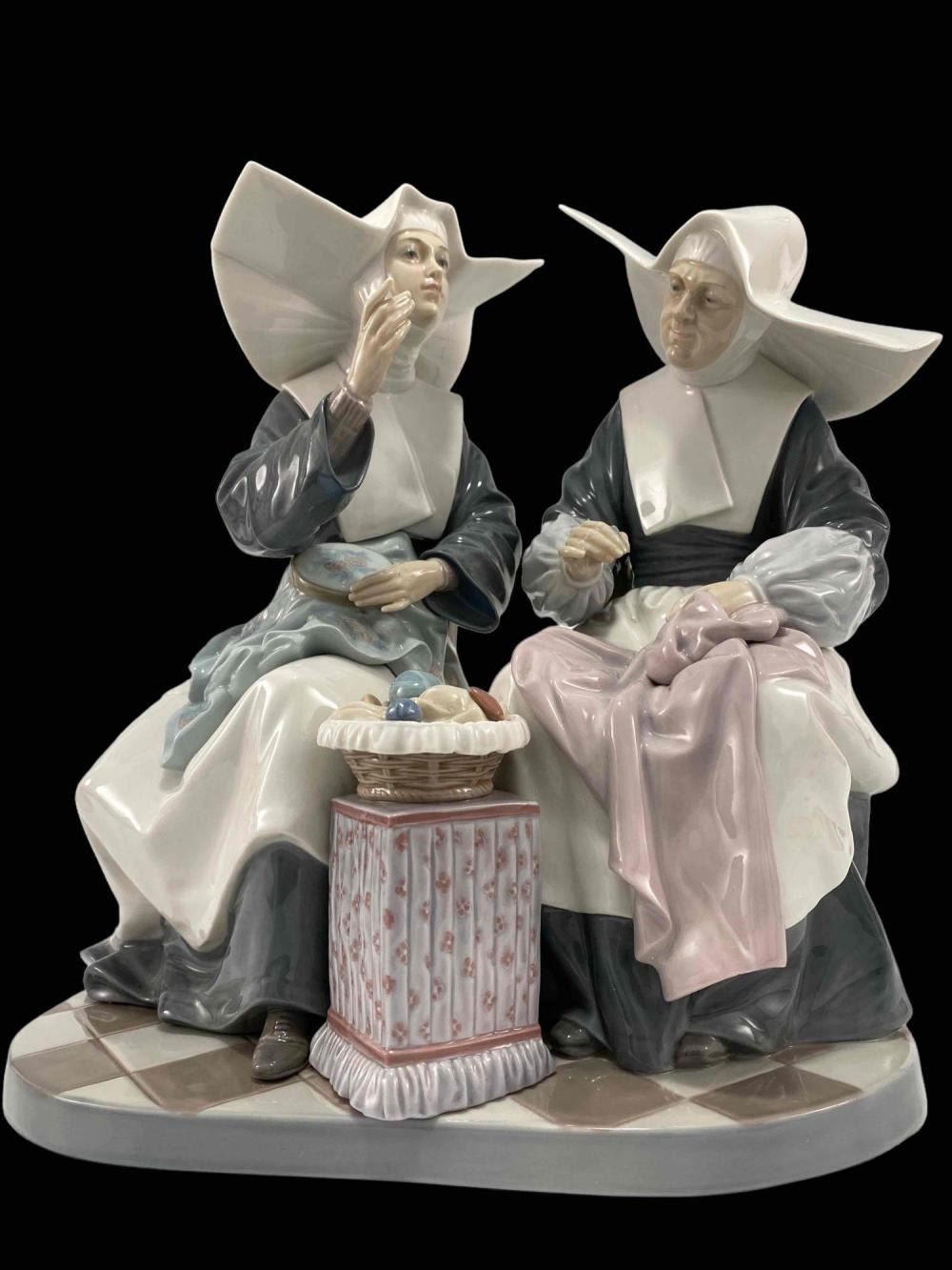 Large Lladro Porcelain Sculpture Of Nuns Sewing