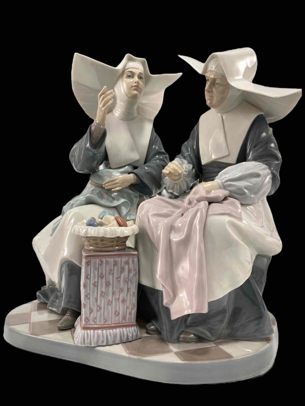Large Lladro Porcelain Sculpture Of Nuns Sewing