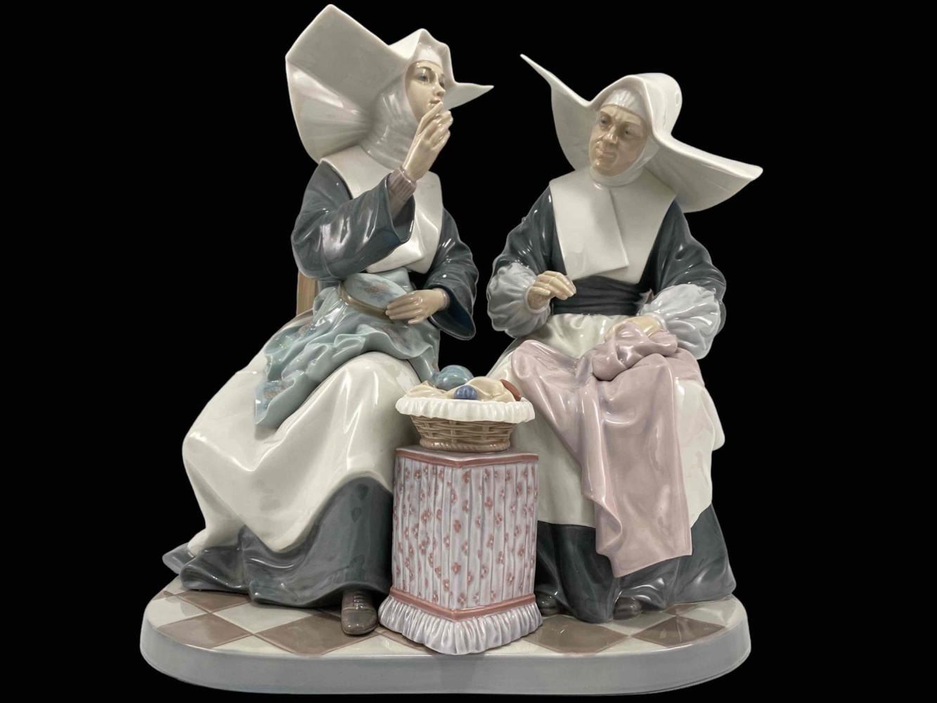Large Lladro Porcelain Sculpture Of Nuns Sewing