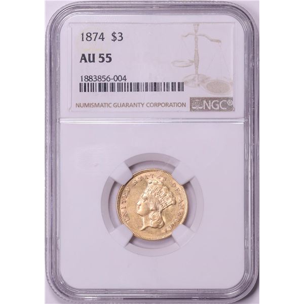 1874 $3 Indian Princess Head Gold Coin NGC AU55