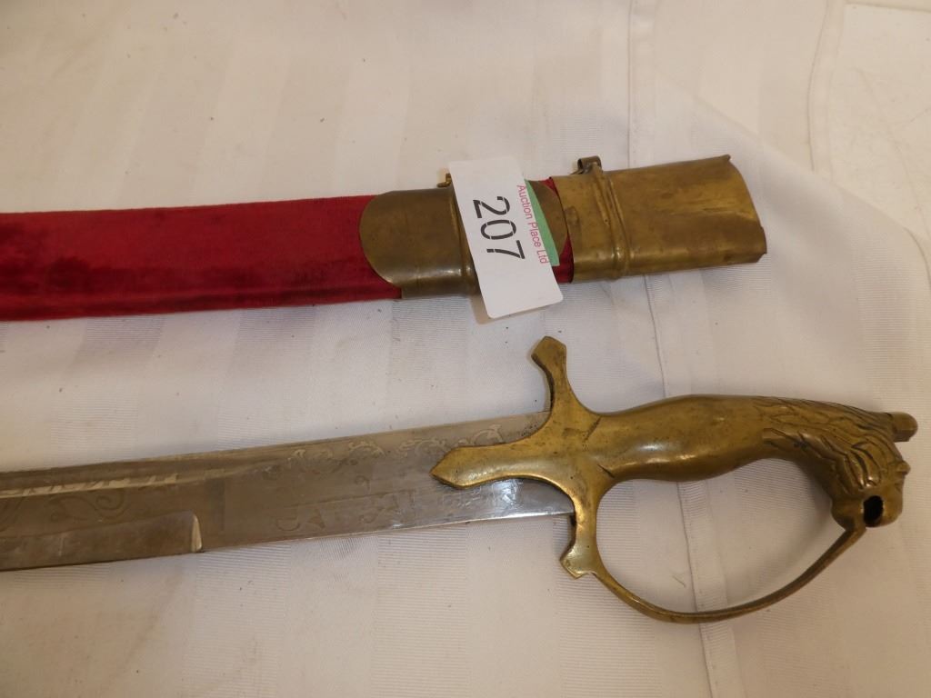 vintage decorative sword, brass lion head handle