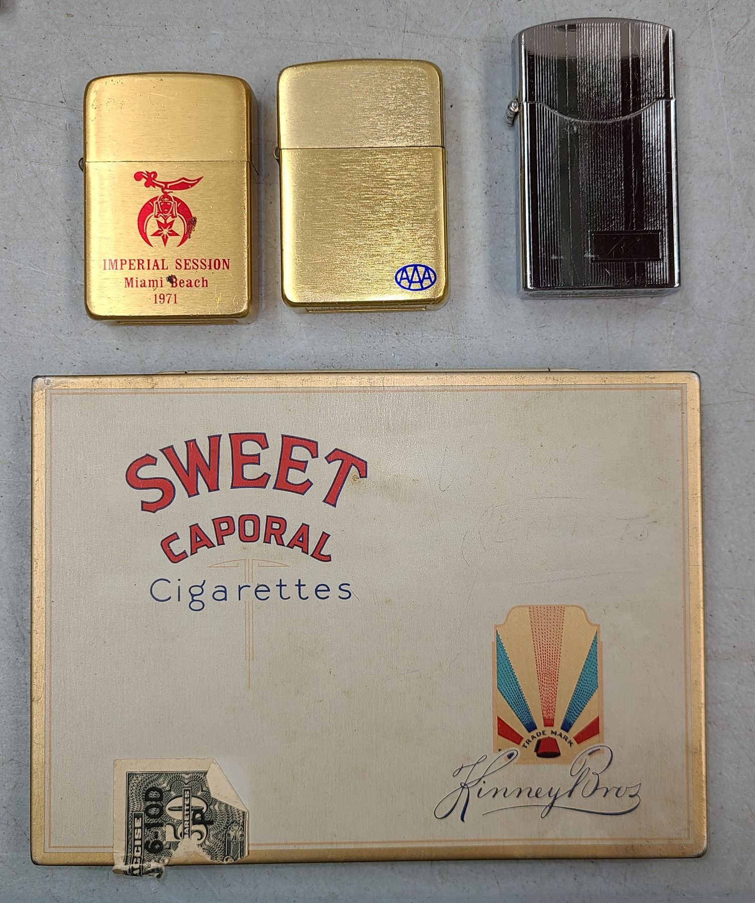 3 Vintage Full Size Flip Top Lighters + Cigarette Tin